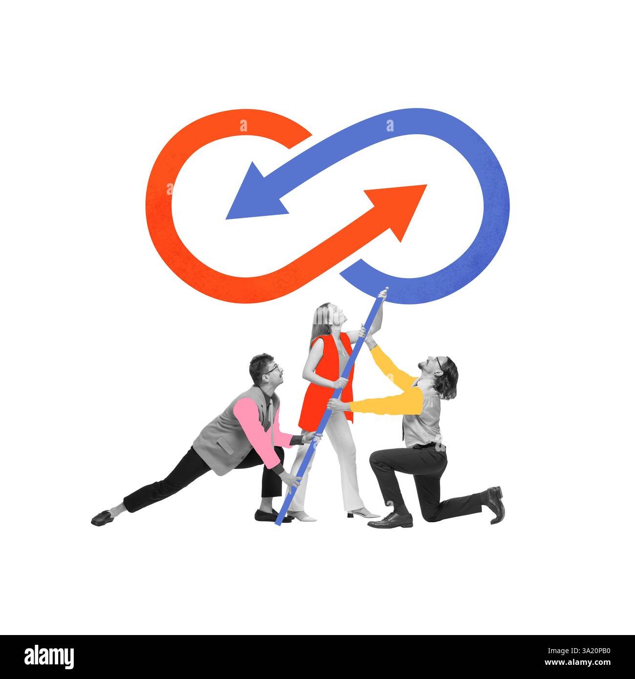 Contemporary art collage. Team raising infinity loop with arrows ...