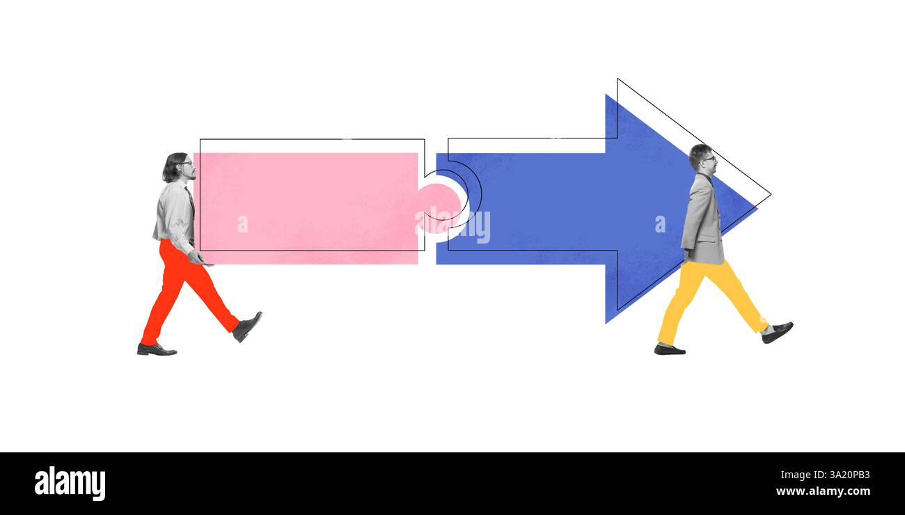 Contemporary art collage. Professionals assembling puzzle and arrow ...