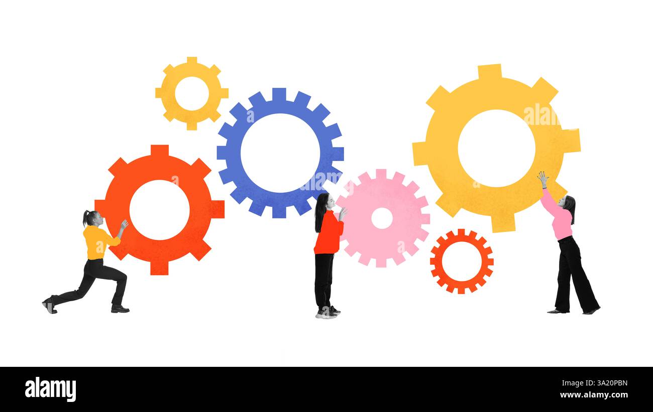 Contemporary art collage. Team adjusting interconnected gears ...