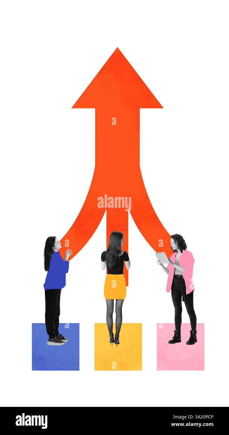 Contemporary art collage. Professionals merging paths into one giant ...