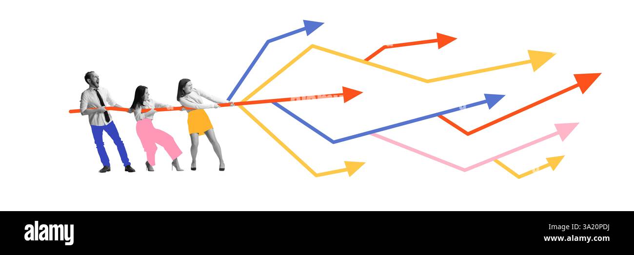 Contemporary art collage. Team pulling multiple arrows in different ...