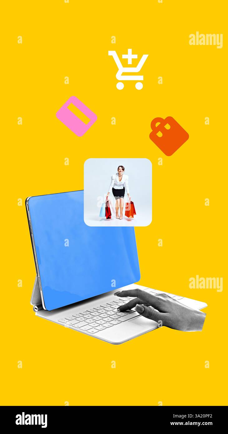 Conceptual artwork. Laptop with hand typing, shopping icons floating ...
