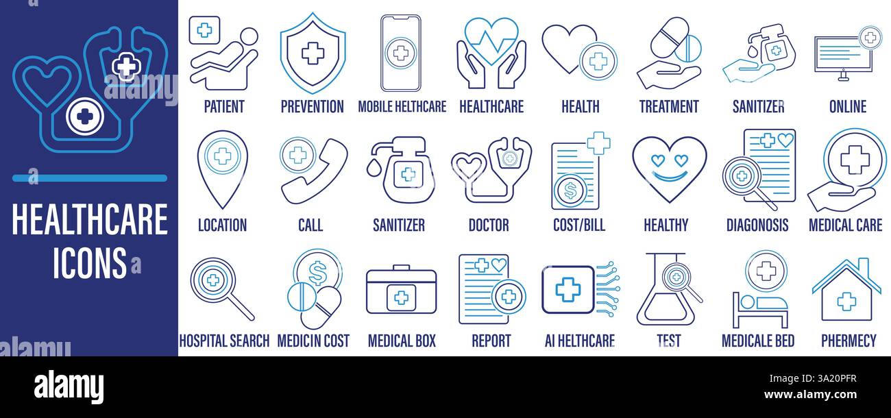 Healthcare icons vector set, outline style healthcare icons isolated on ...