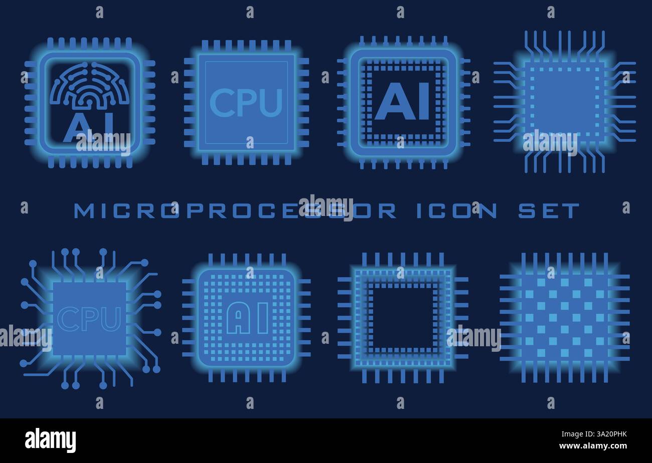 Vector Microprocessor Icon Set Isolated On A Dark Blue Background Stock Vector Image & Art - Alamy