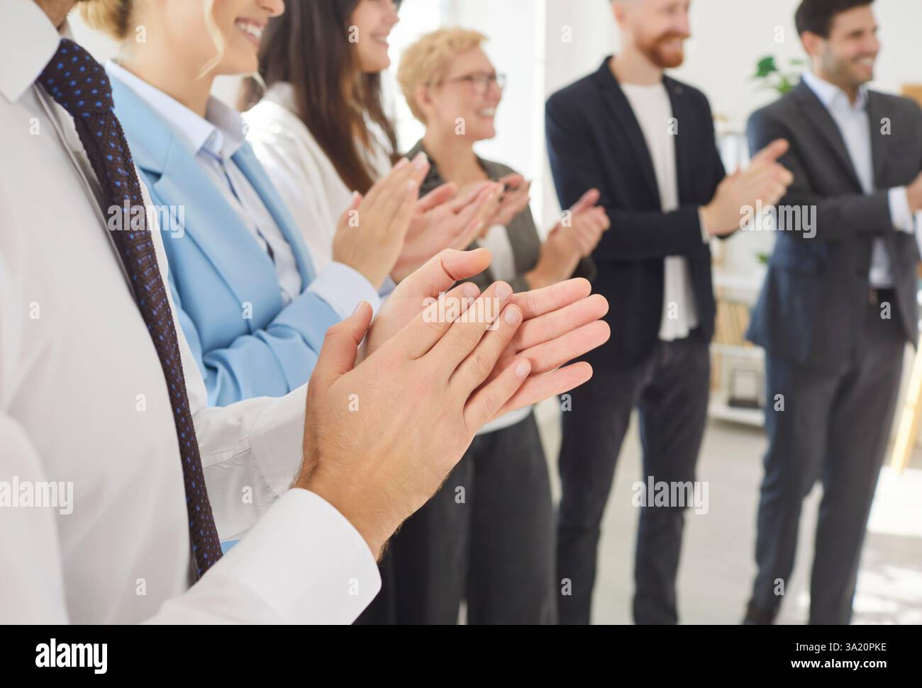 Applauding employees happy clapping hands in office, workers cheering ...