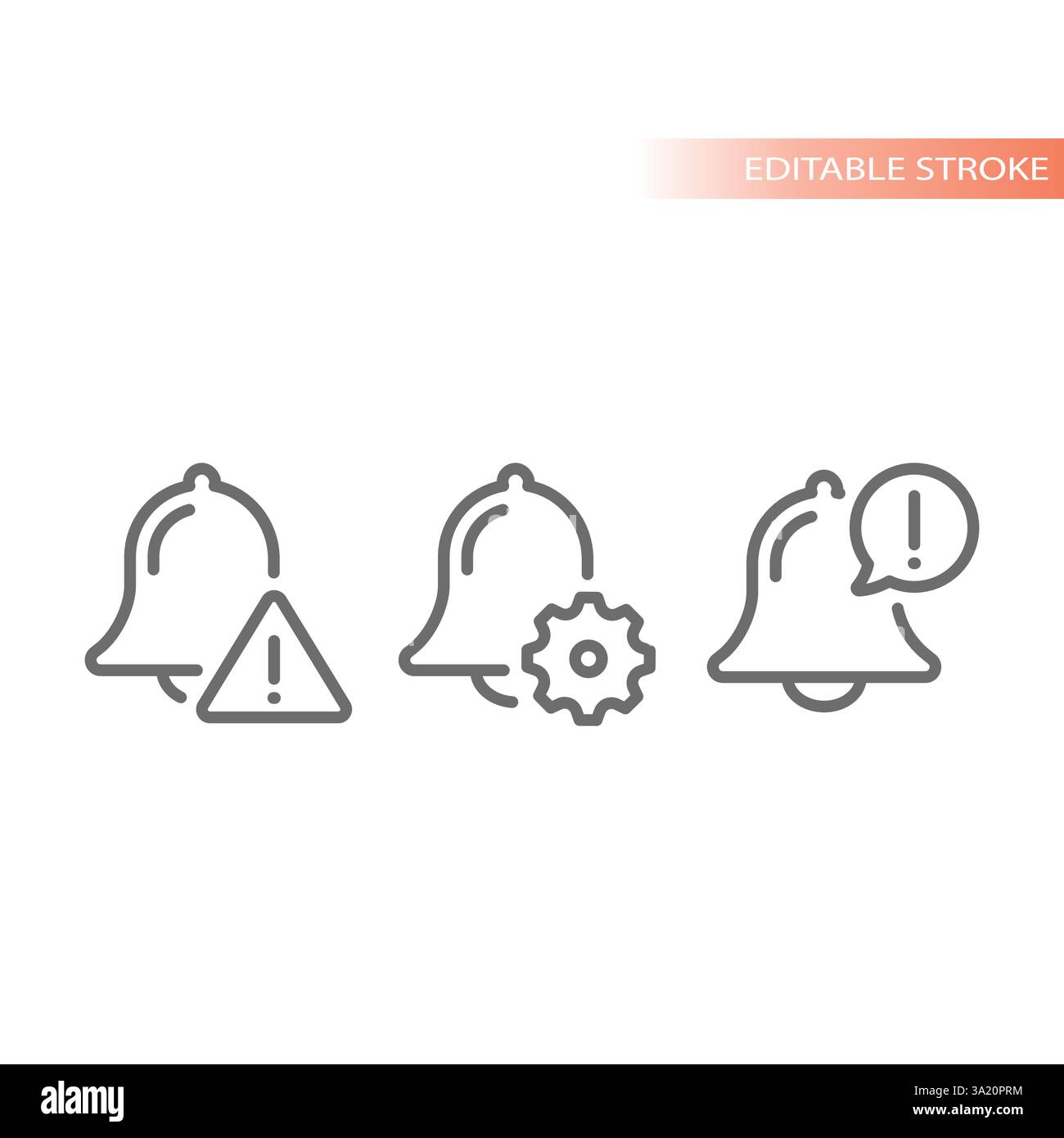 Bell notification, warning and caution line icon set. Exclamation and gear, data breach and ...