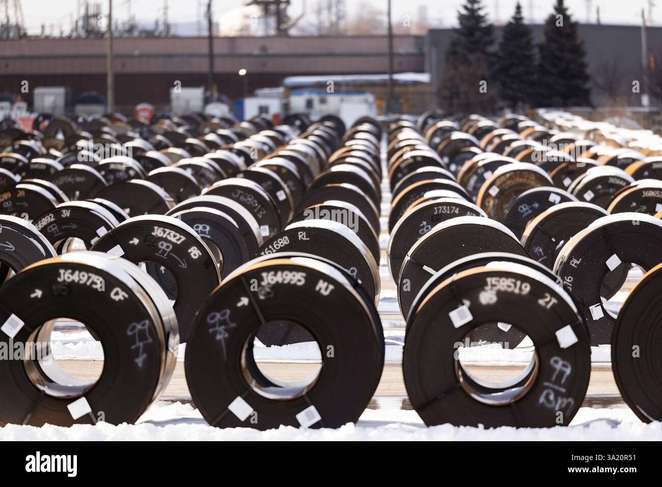 Hamilton, Canada. 10th Feb, 2025. Steel coils at the ArcelorMittal Dofasco steel production ...
