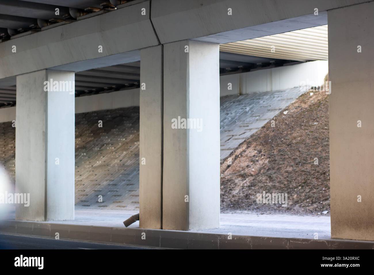 A bridge that features numerous concrete pillars supporting it from ...
