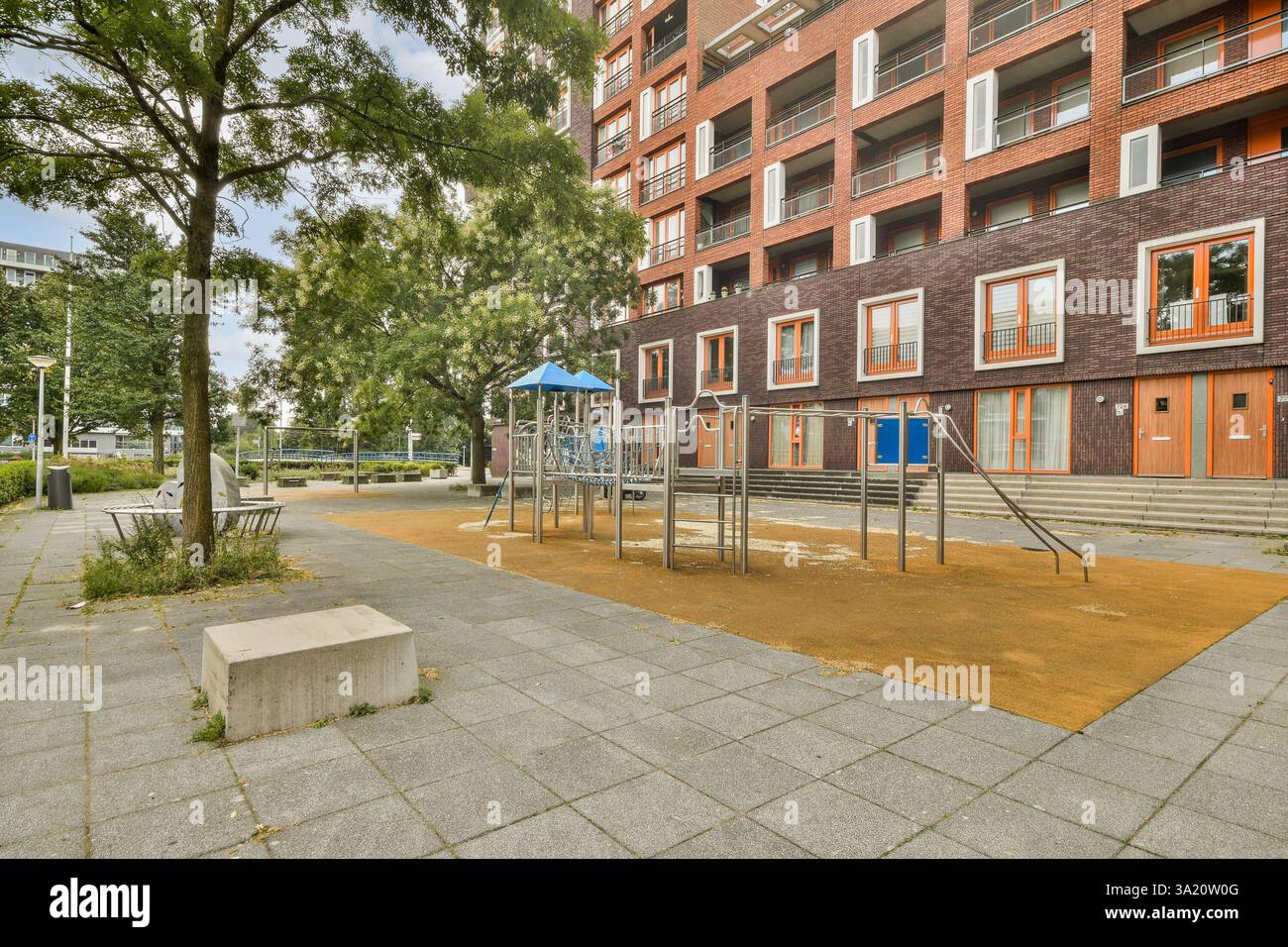 A vibrant urban playground features modern architecture and lush ...