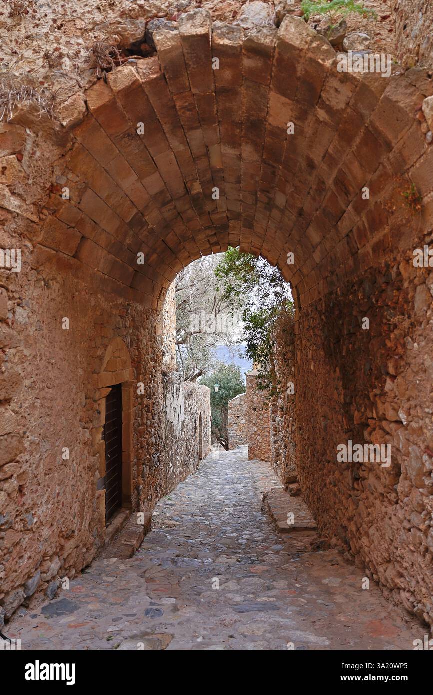Fortified village of Monemvasia in Greece. Traditional medieval era ...