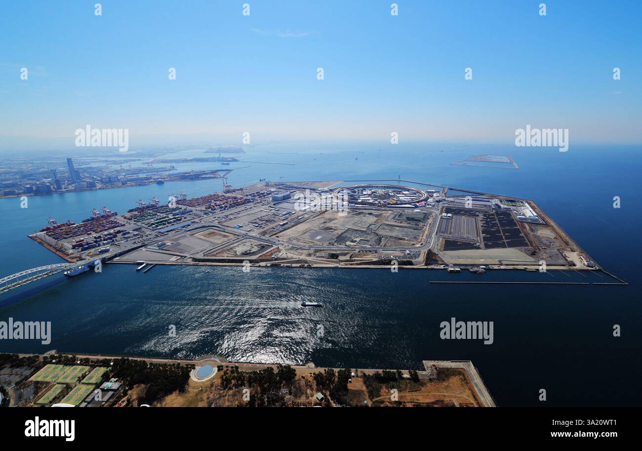 An aerial photo shows Yumeshima, the venue for Expo 2025 Osaka, Kansai ...