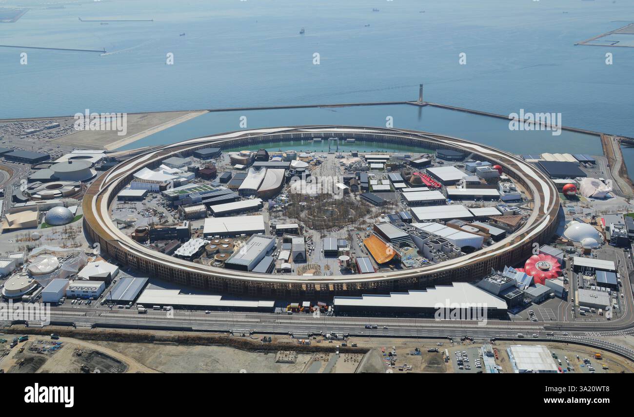 An aerial photo shows Yumeshima, the venue for Expo 2025 Osaka, Kansai ...