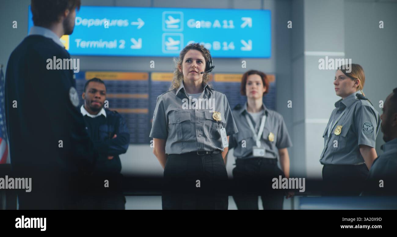 Airport Staff Training: Female Security Officer Wearing Headset Giving ...