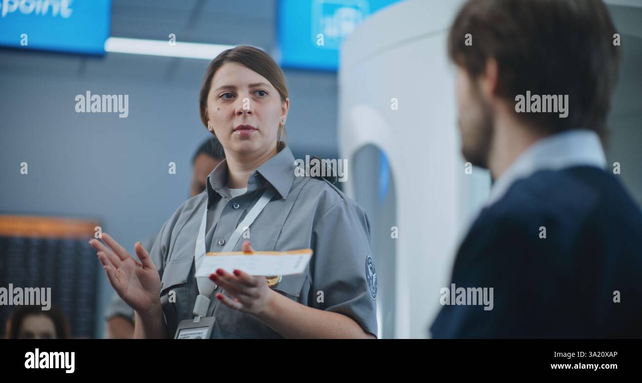Airport Staff Briefing: Female TSA Officer Giving Instructions, Holding Airline Ticket ...