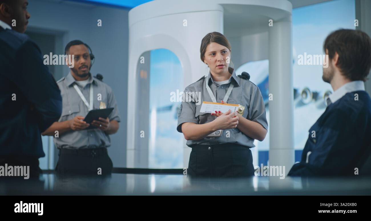 Airport Staff Briefing: Female TSA Officer Giving Instructions, Holding ...