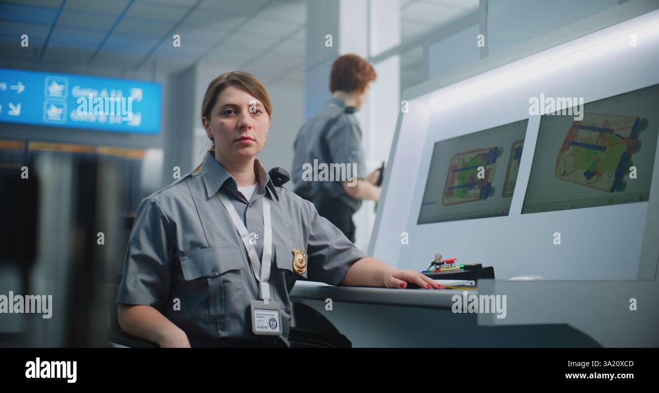 Airport Security Checkpoint: Portrait of Female TSA Officer Sitting at ...