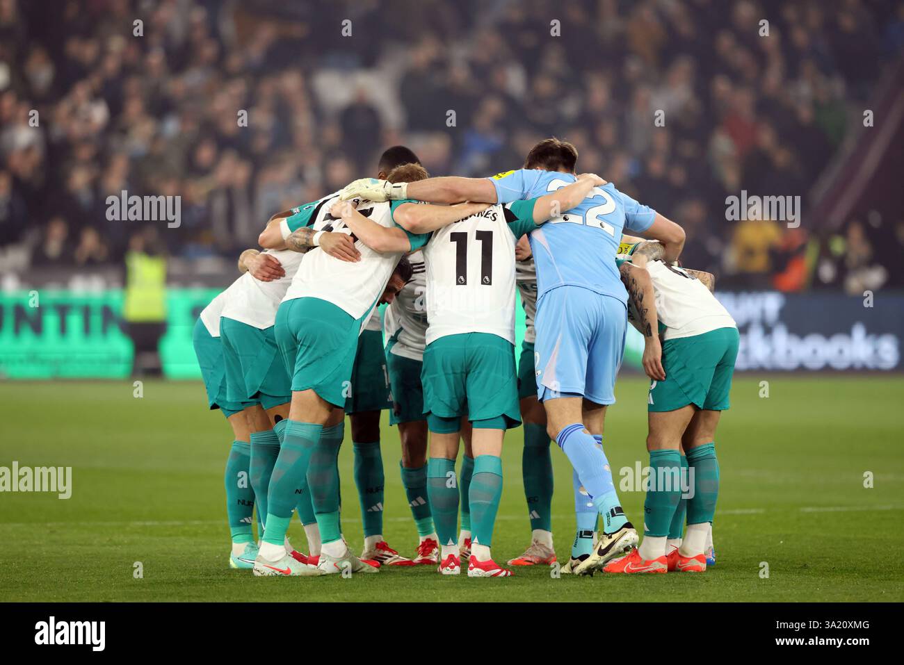 London, UK. 10th Mar, 2025. Newcastle pre-match huddle at the West Ham ...