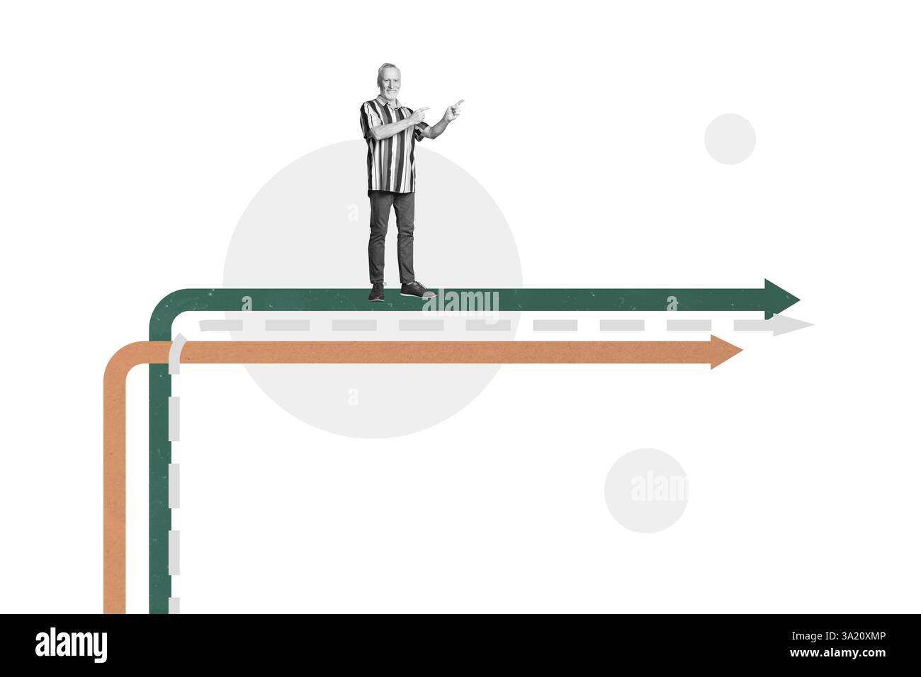 Contemporary art banner collage of happy old man point hand gesture ...