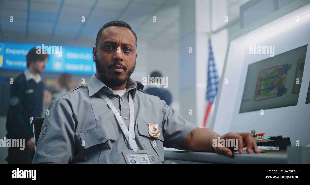 Airport Security Checkpoint: Portrait of African American TSA Worker ...