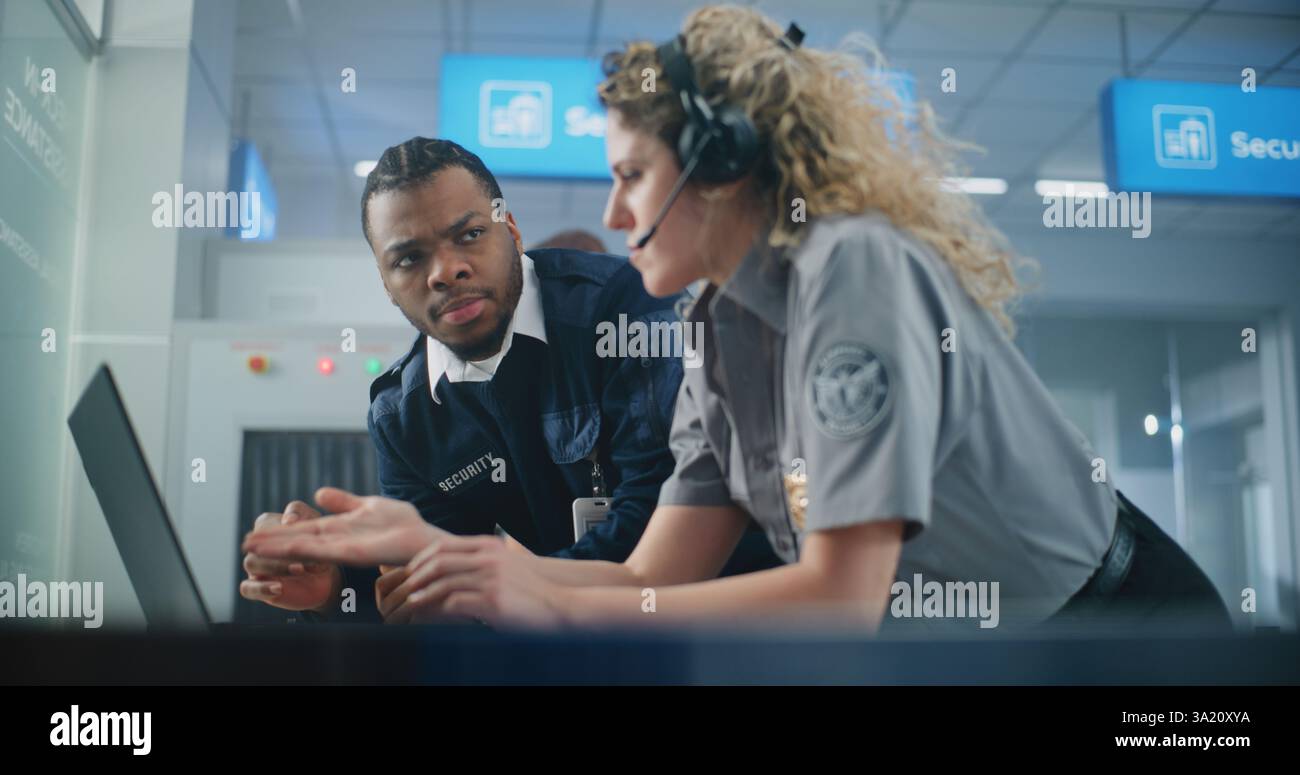 Airport Security Checkpoint: Female Security Officer Wearing Headset ...