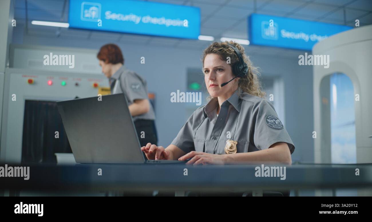 Airport Security Checkpoint: Female TSA Officer Wearing Headset Works ...