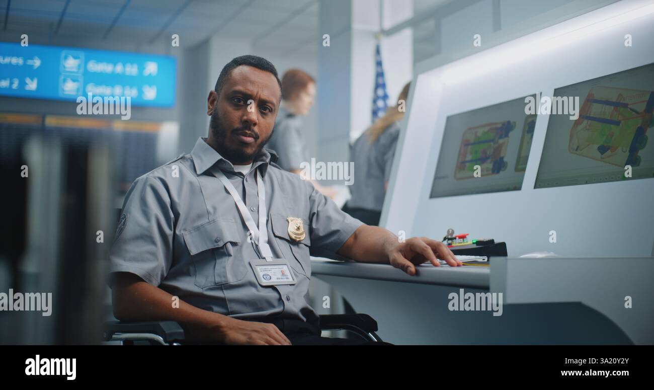 Airport Security Checkpoint: Portrait of African American TSA Worker ...