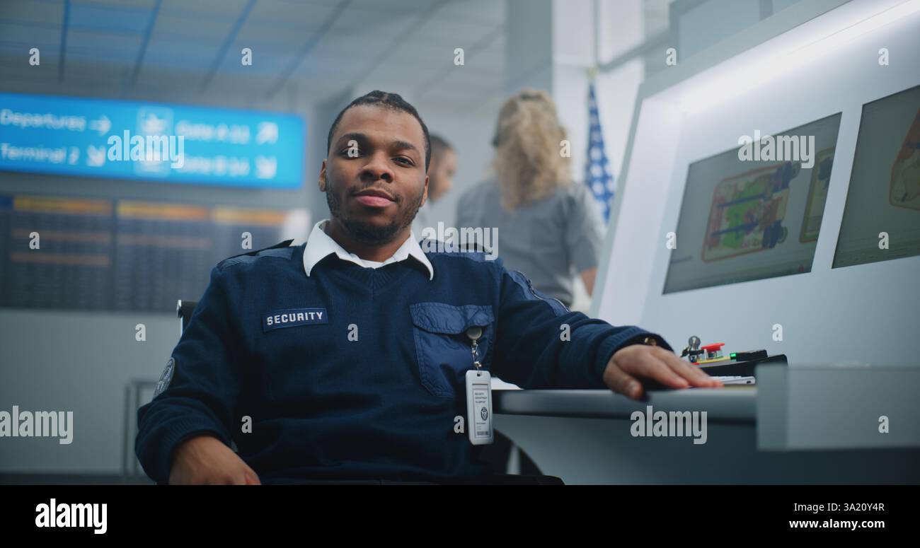 Airport Security Checkpoint: Portrait of African American TSA Worker ...