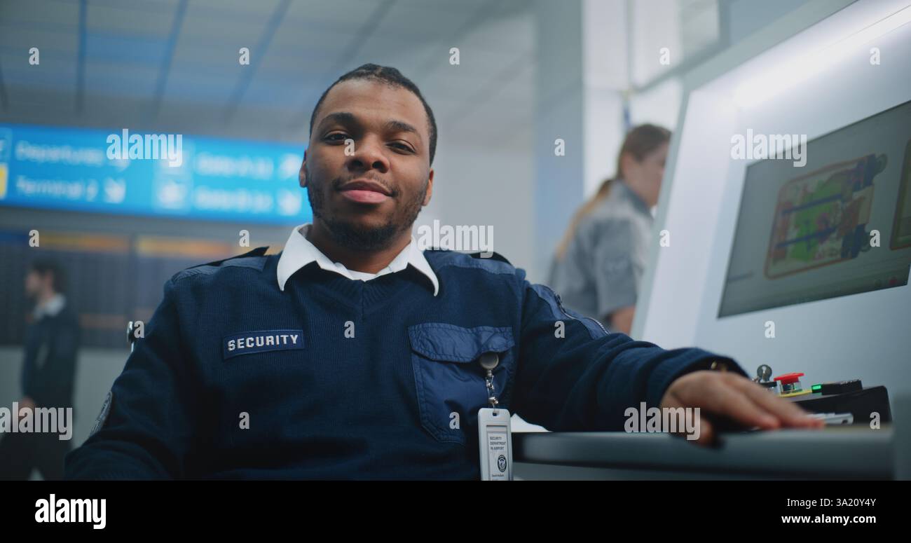 Airport Security Checkpoint: Portrait of African American TSA Worker ...