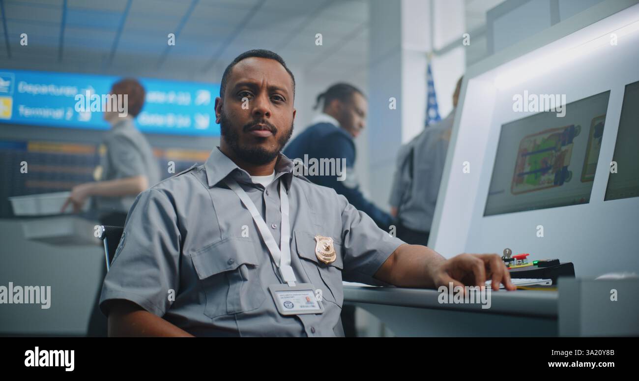 Airport Security Checkpoint: Portrait of African American TSA Worker ...