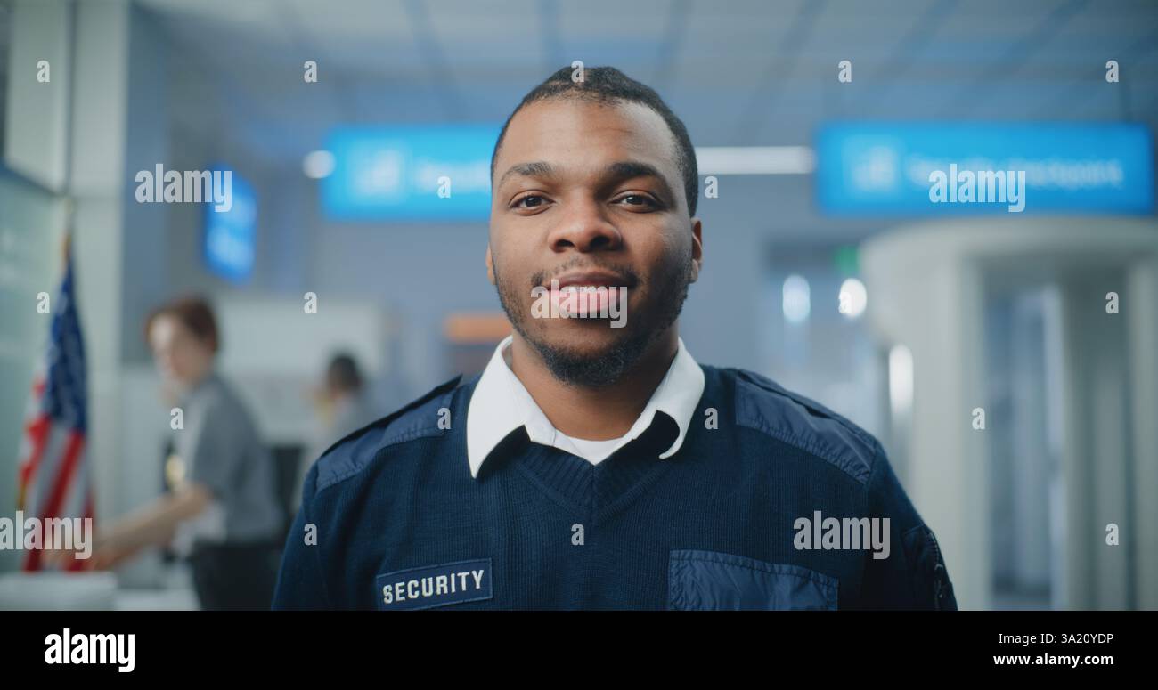 Airport Security Checkpoint: Portrait of African American TSA Worker ...