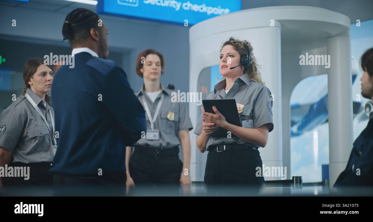 Airport Security System: Female Security Officer in Headset with Tablet ...