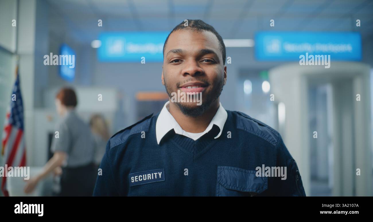Airport Security Checkpoint: Portrait of African American TSA Worker ...