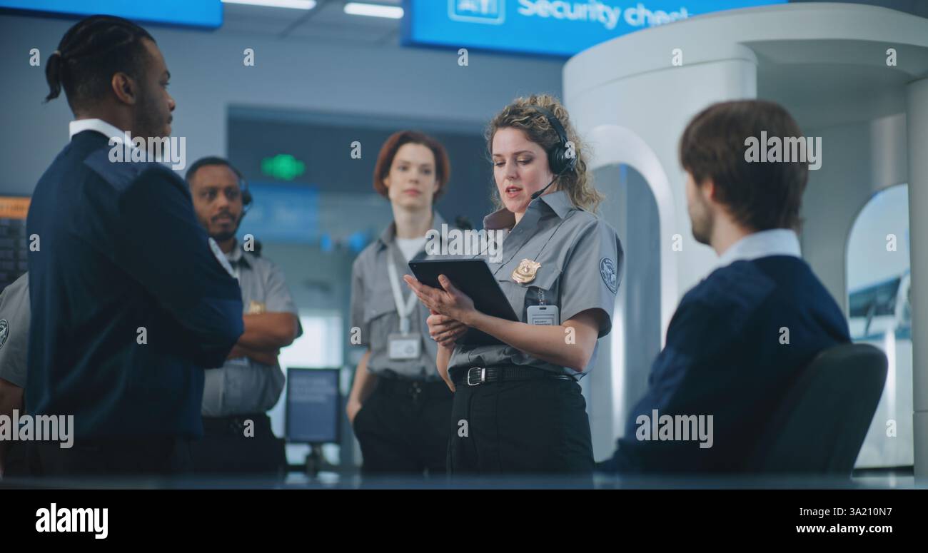 Airport Security System: Female Security Officer in Headset with Tablet ...