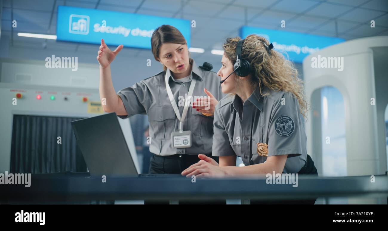 Airport Security Checkpoint: Female TSA Officer Wearing Headset Uses ...