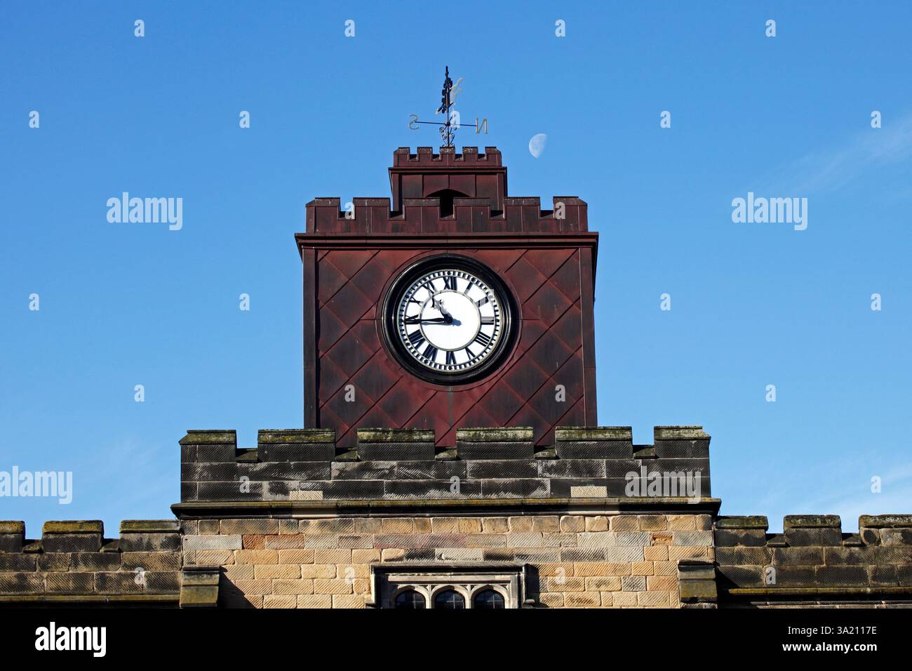 Clock tower in the central courtyard of Elvaston Castle Country park. A ...