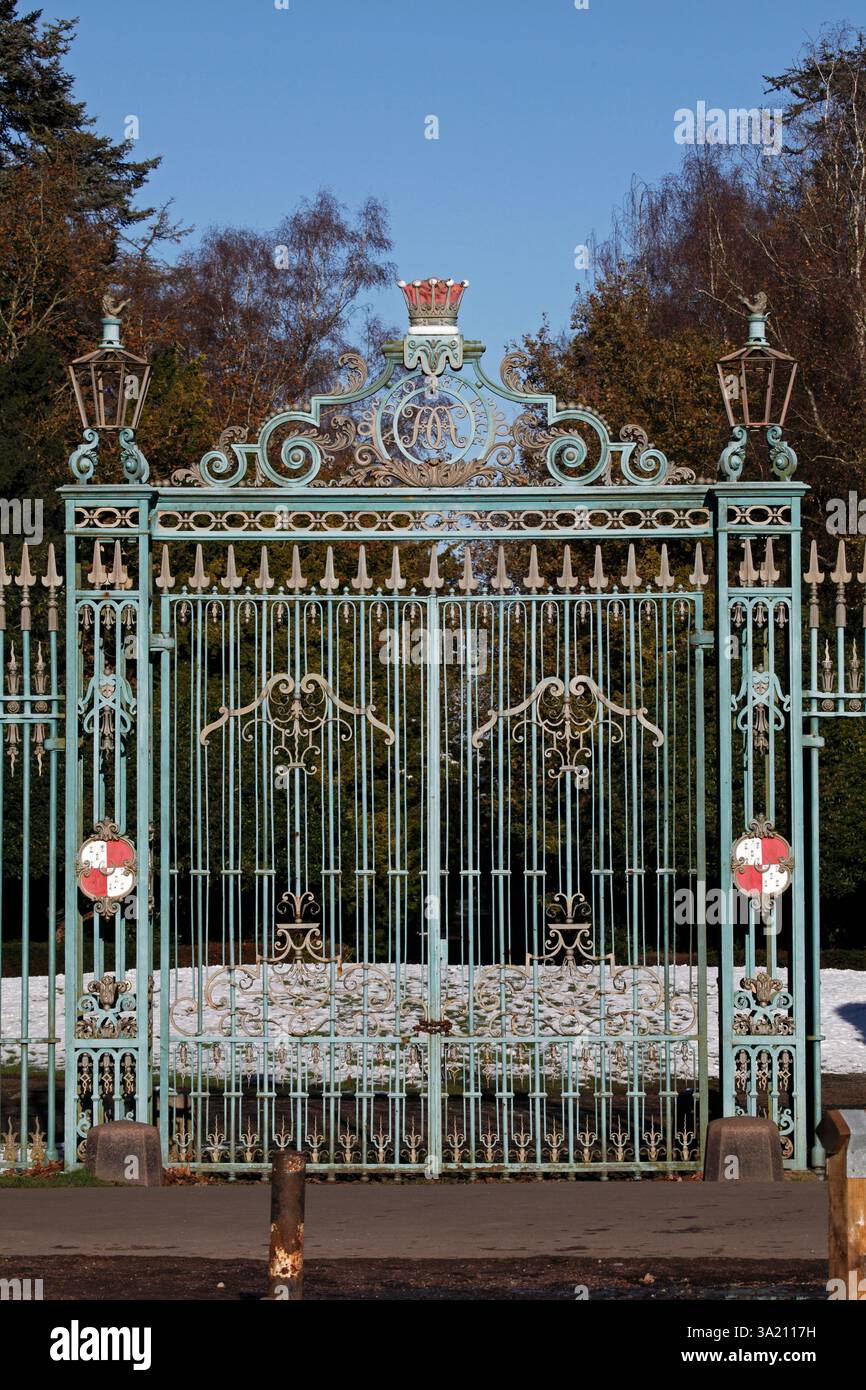 Elbaorate gates at entrance to Elvaston Castle. A Gothic revival ...