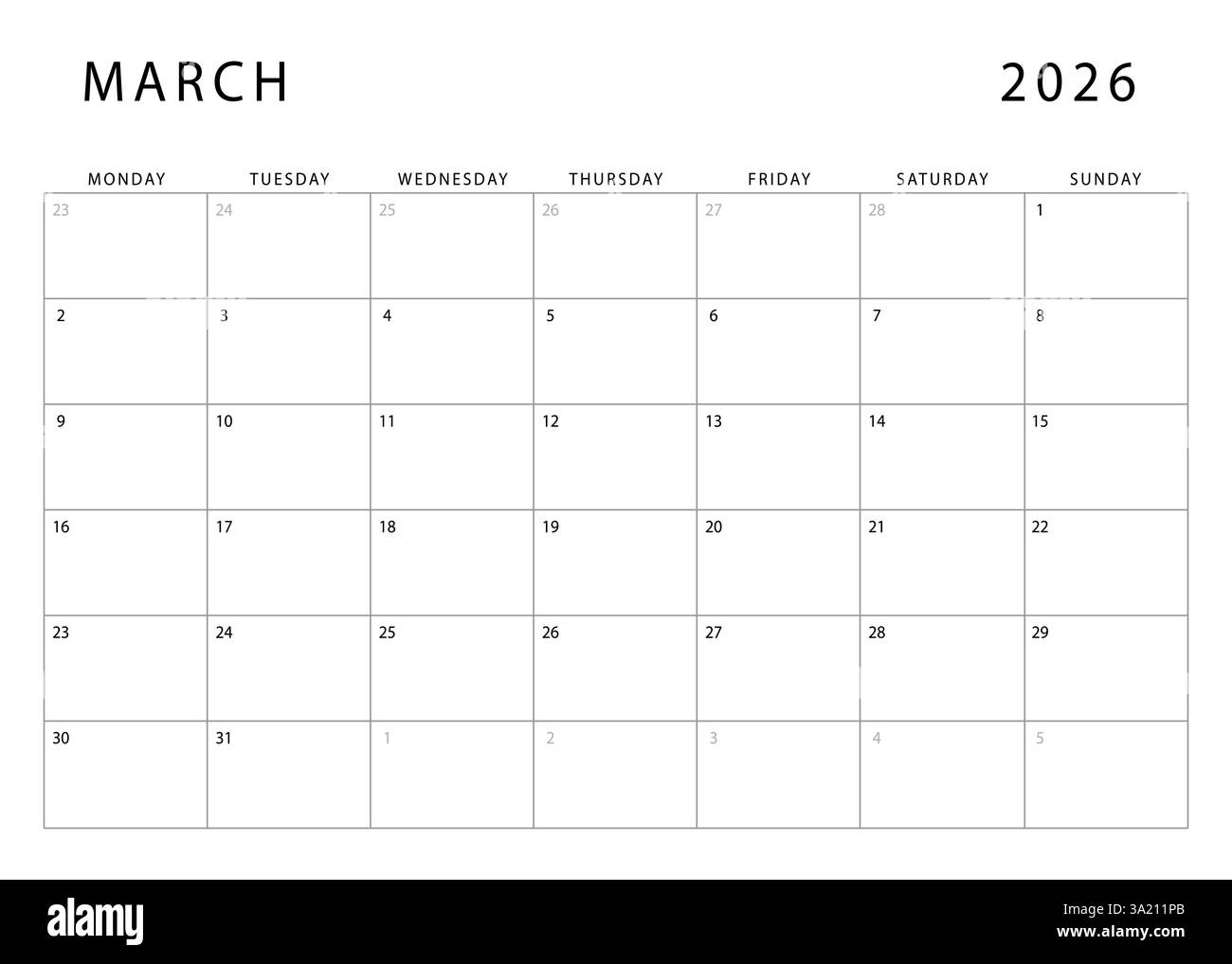 March 2026 calendar. Monthly planner template. Monday start. Vector ...