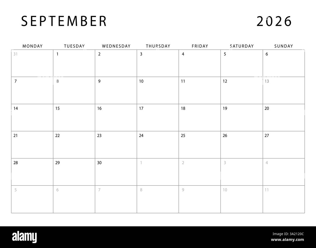 September 2026 calendar. Monthly planner template. Monday start. Vector ...