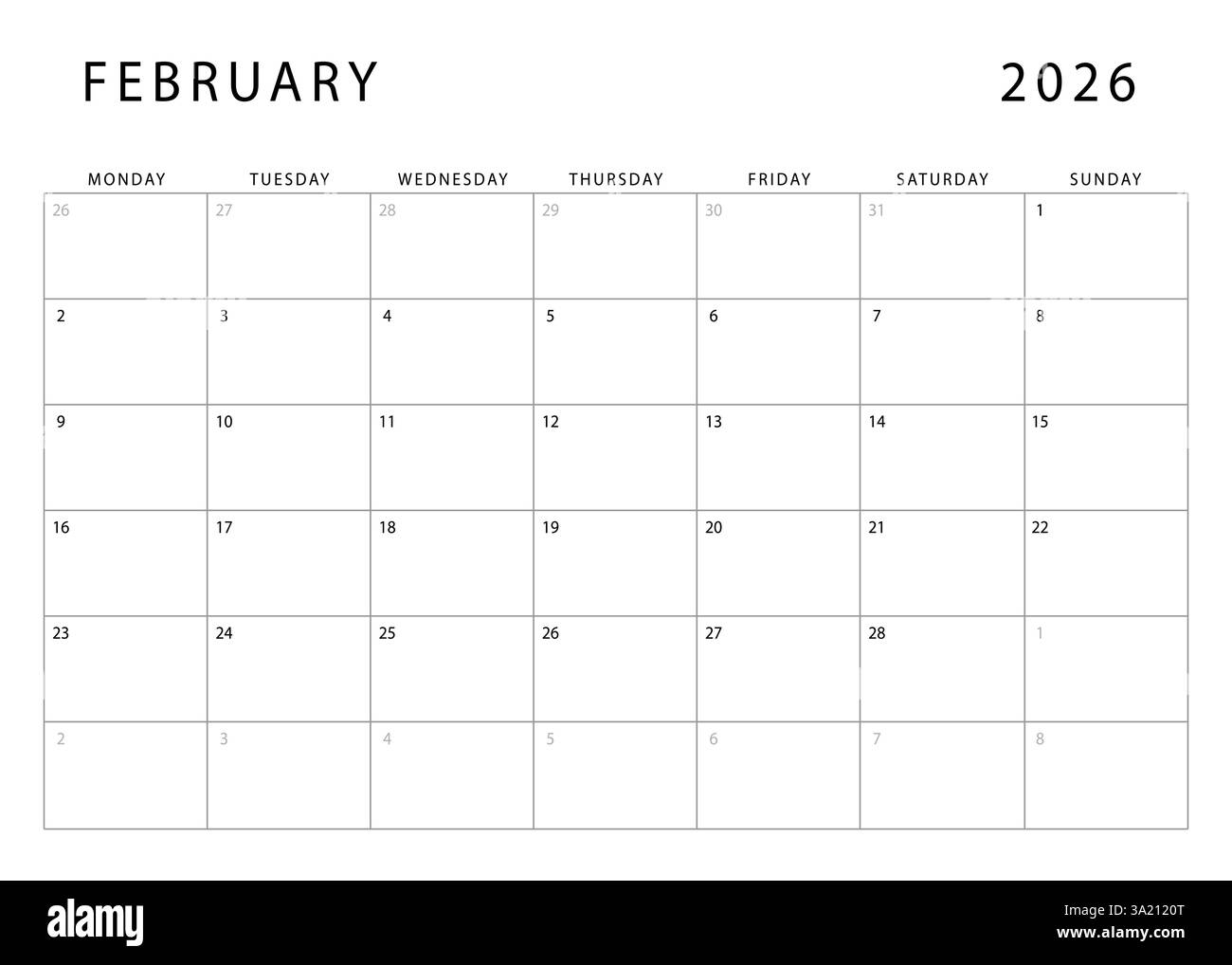 February 2026 calendar. Monthly planner template. Monday start. Vector ...