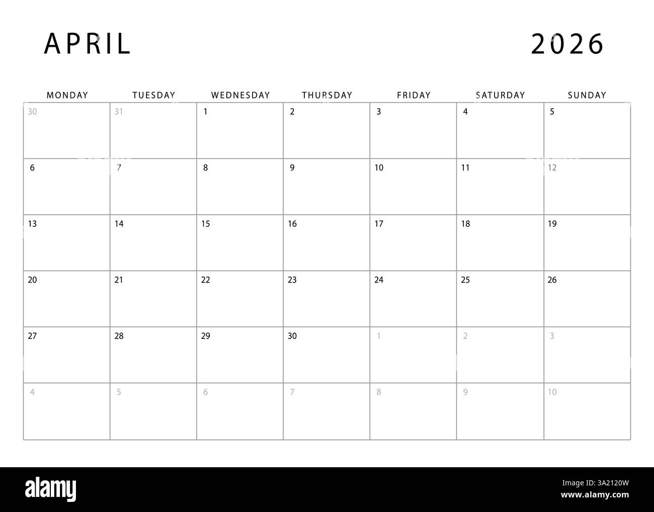 April 2026 calendar. Monthly planner template. Monday start. Vector ...