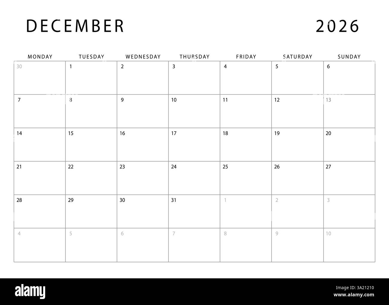December 2026 calendar. Monthly planner template. Monday start. Vector ...
