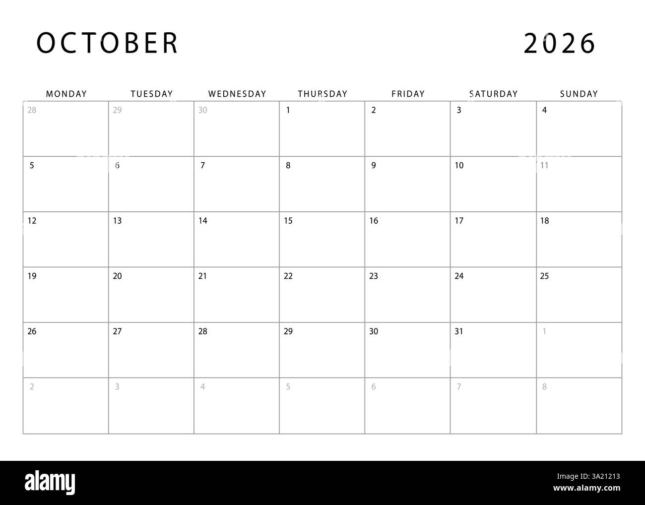 October 2026 calendar. Monthly planner template. Monday start. Vector ...