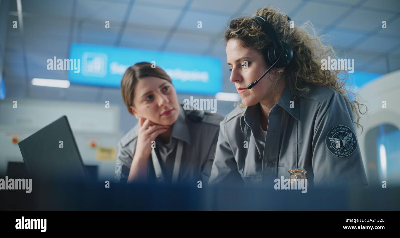 Airport Security Checkpoint: Two Female Security Officers in Headset ...
