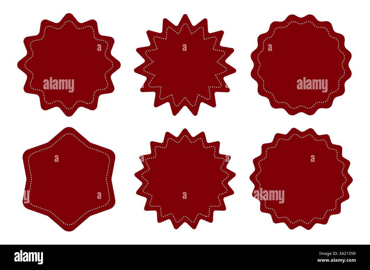 Set of six red badge shapes with dotted borders isolated on white ...