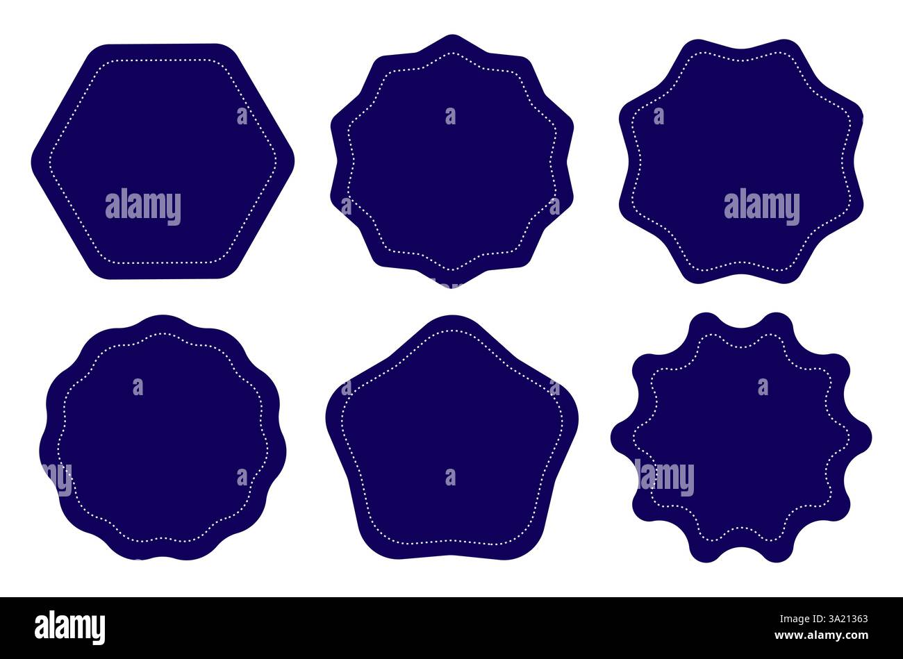 Set of six dark blue badge shapes with dotted borders isolated on white ...