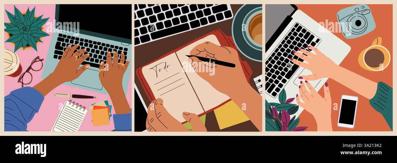 Set of Top view workplace scenes vector art Stock Vector Image & Art ...