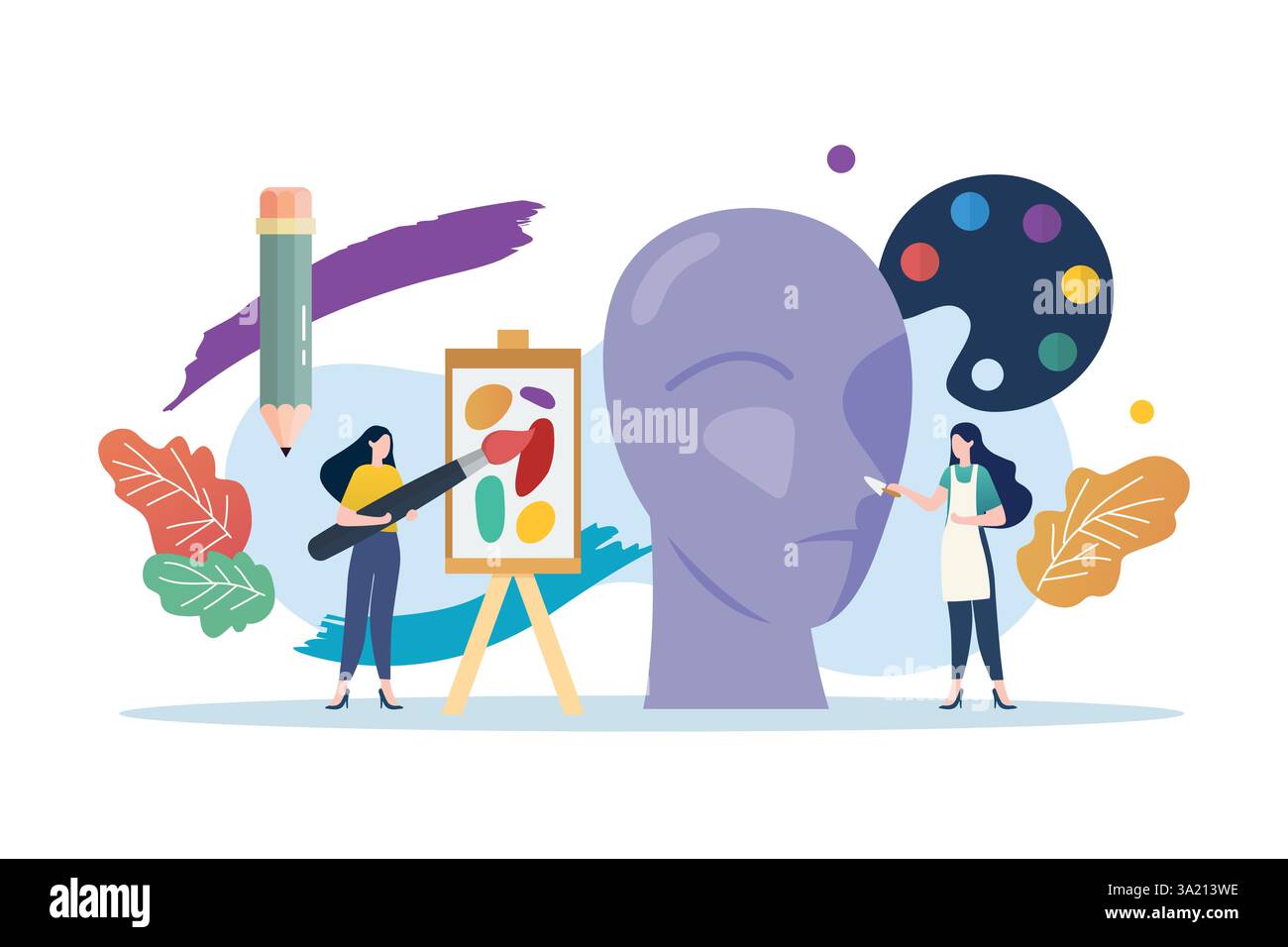 Art class scene with miniature people. Art school subject. Vector ...