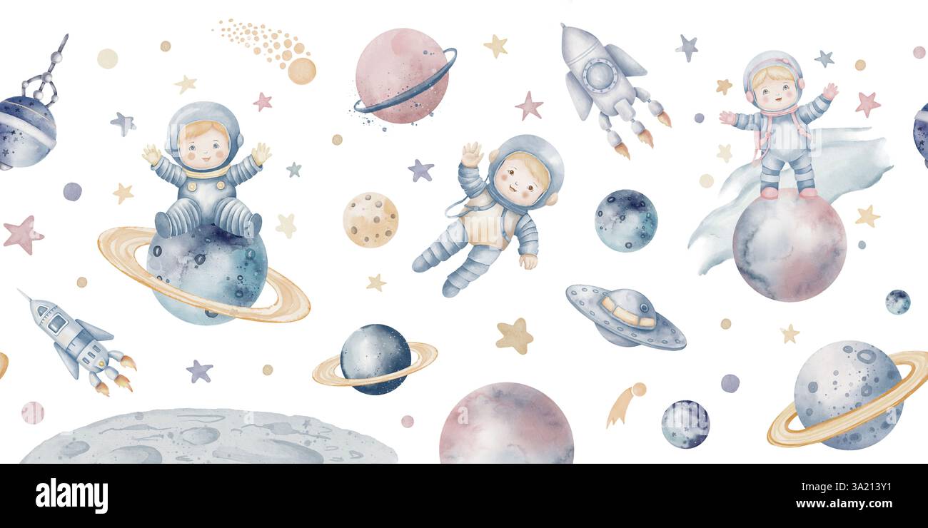 Watercolor seamless Space border with cute child Astronauts, planets ...