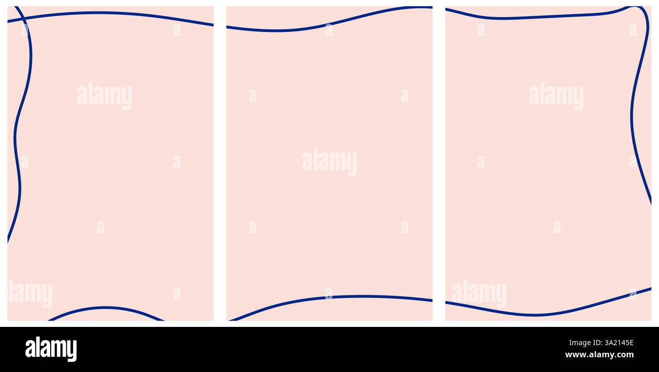 Abstract triptych template with pastel pink background and dark blue curved lines. Modern ...