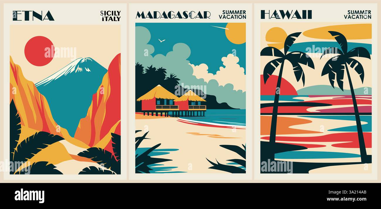 Minimalist retro travel posters set vector art Stock Vector Image & Art ...